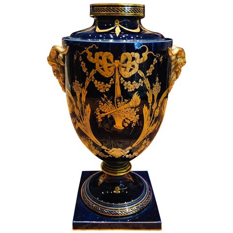 20th Century French Empire Blue Urn Vase With Gold Decoration Jaget And Pinon For Sale At