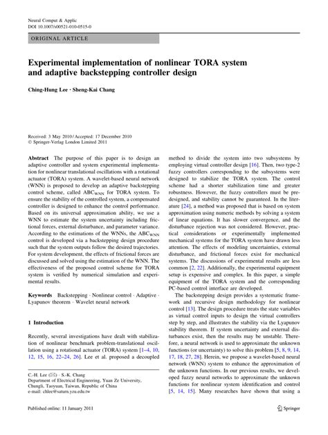 pdf experimental implementation of nonlinear tora system and adaptive backstepping controller