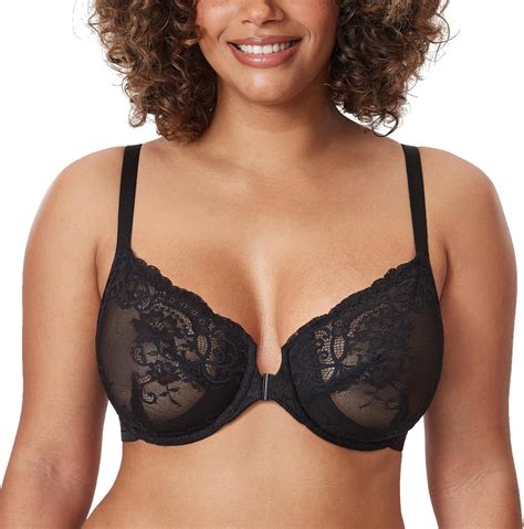 Delimira Womens Front Closure Lace Sheer Bras Plus Size Full Coverage Sexy Plunge Underwire