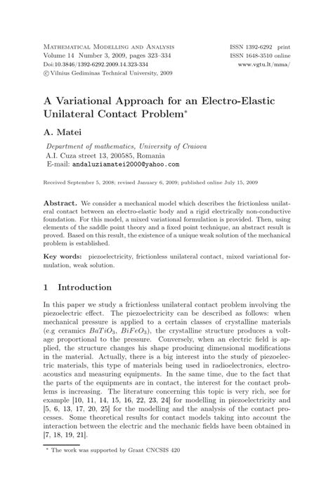 pdf a variational approach for an electro‐elastic unilateral contact problem
