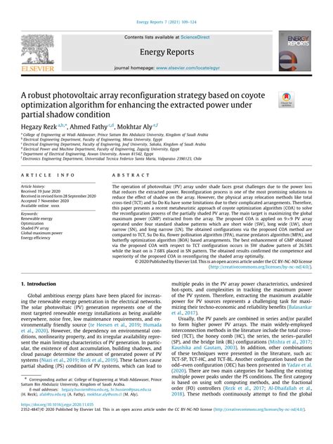pdf a robust photovoltaic array reconfiguration strategy based on coyote optimization