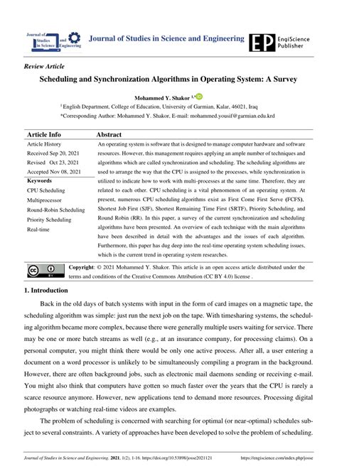 pdf scheduling and synchronization algorithms in operating system a survey