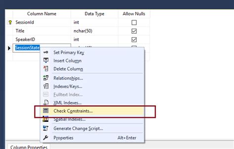 Sql Where Can I Set A Check Constraint In SSMS Table Designer Mode