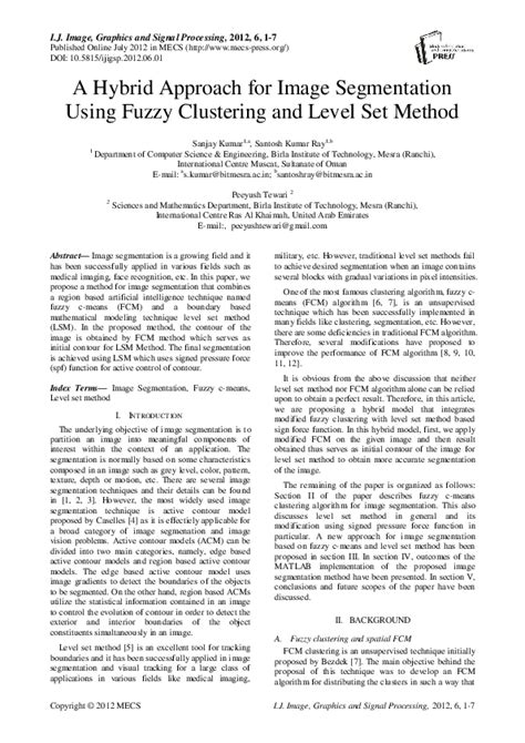 pdf a hybrid approach for image segmentation using fuzzy clustering and level set method