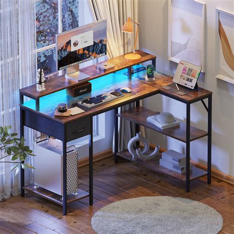Superjare L Shaped Gaming Desk With Led Lights And Power Outlets Office Desk With Shelves