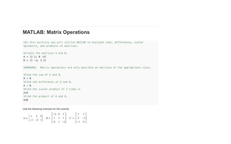 Solved MATLAB Matrix Operations In This Activity You Will Chegg