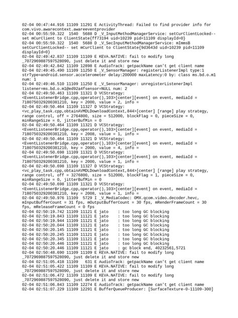 log file documenting various application errors sensor events and audio processing on an