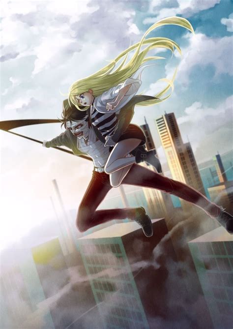 A Woman Flying Through The Air On Top Of A Building With Long Blonde