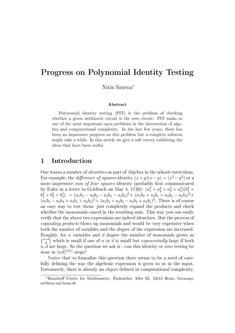 pdf progress on polynomial identity testing ii