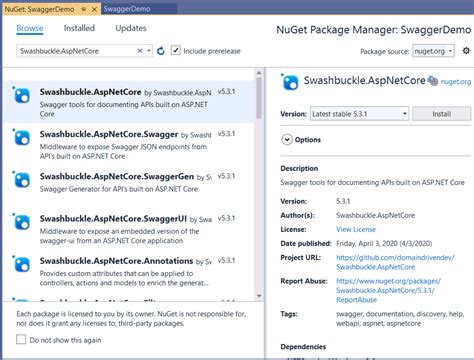 swagger install and configure in asp net core web api