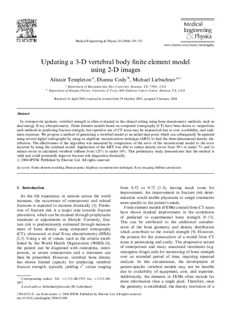 pdf updating a 3 d vertebral body finite element model using 2 d images michael liebschner
