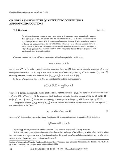 pdf on linear systems with quasiperiodic coefficients and bounded solutions