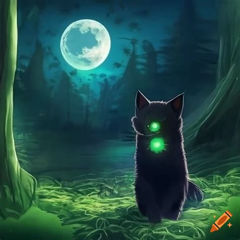 Anime Black Cat With Glowing Green Eyes In Moonlit Forest On Craiyon
