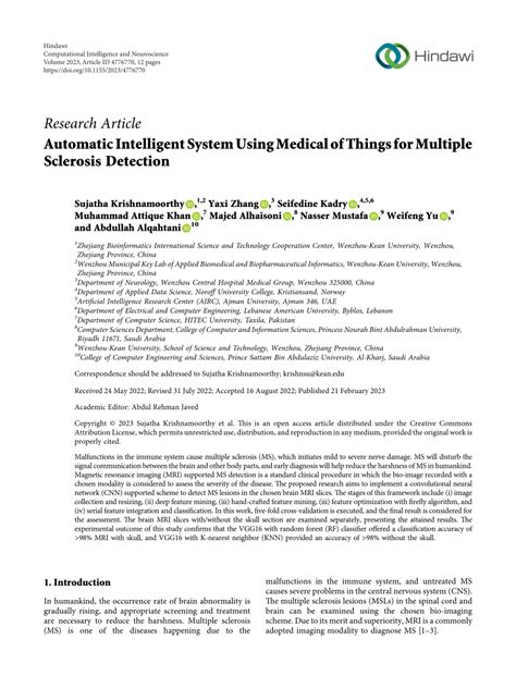 pdf automatic intelligent system using medical of things for multiple sclerosis detection