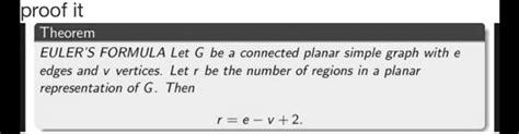 solved proof it theorem euler s formula let g be 2 connected planar simple graph with e edges