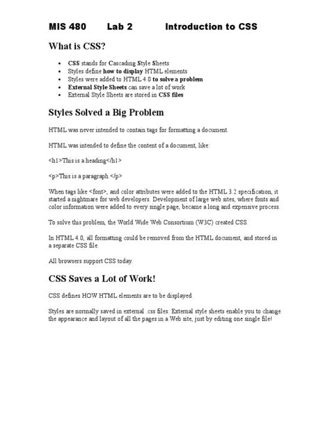 what is css mis 480 lab 2 introduction to css pdf cascading style sheets html element
