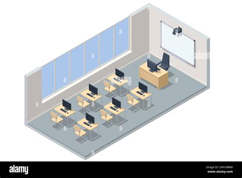 isometric computer lab computer education in classroom computer classroom stock vector image