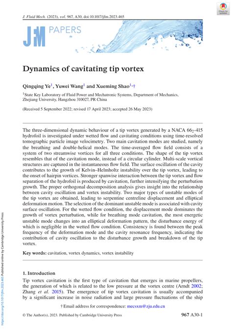 pdf dynamics of cavitating tip vortex