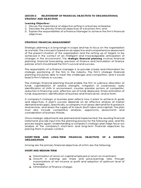 lesson 2 relationship of financial objectives to organizational strategy and objectives