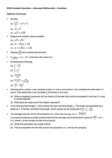 functions revision nesa nesa exemplar questions advanced mathematics functions algebraic