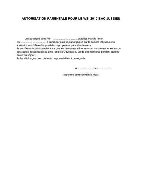 Lettre Autorisation Parentale