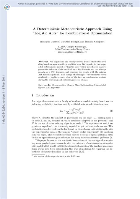 pdf a deterministic metaheuristic approach using “logistic ants” for combinatorial optimization