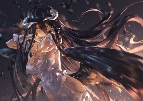 White Dress Cleavage Long Hair Horns Azomo Black Hair Gloves Overlord Wings White