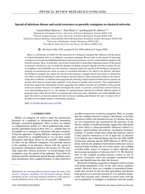 pdf spread of infectious disease and social awareness as parasitic contagions on clustered