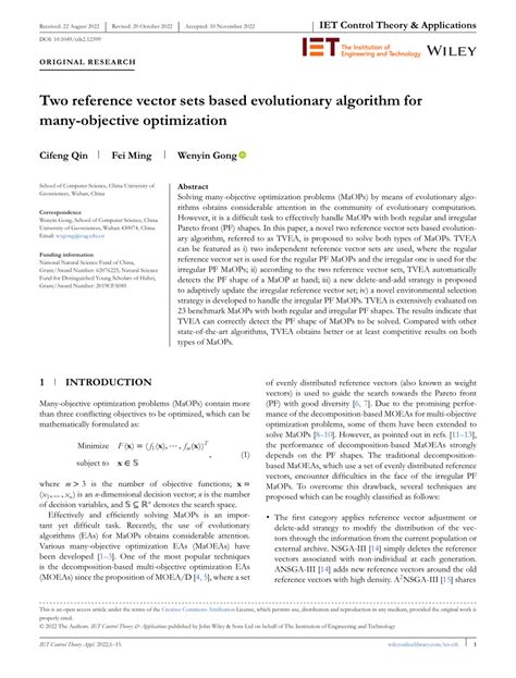 pdf two reference vector sets based evolutionary algorithm for many‐objective optimization