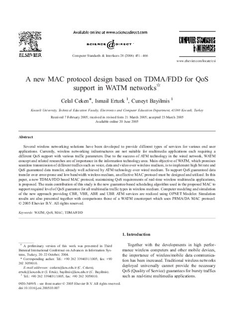 pdf a new mac protocol design based on tdma fdd for qos support in watm networks ismail