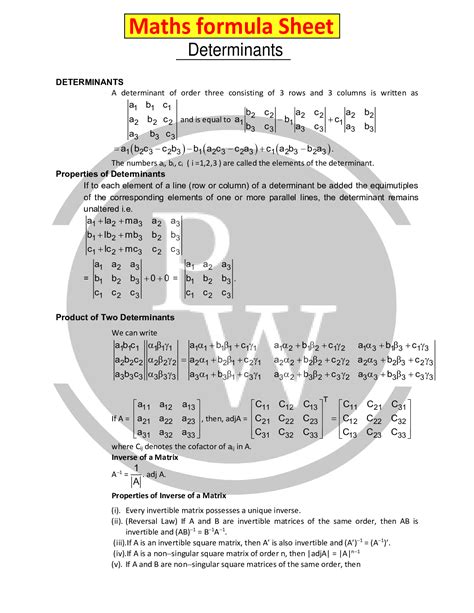 class 12 maths formula for chapter 4 determinants entrancei