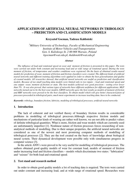 pdf application of artificial neural networks in tribology prediction and classification models