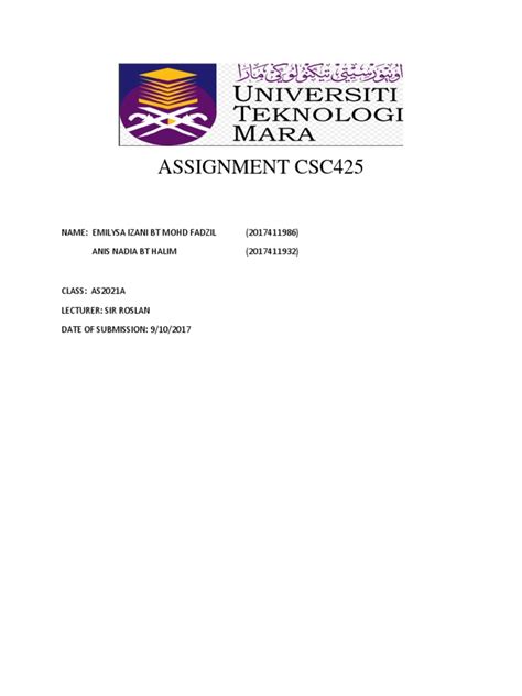 assignment csc425 name emilysa izani bt mohd fadzil 2017411986 anis nadia bt halim