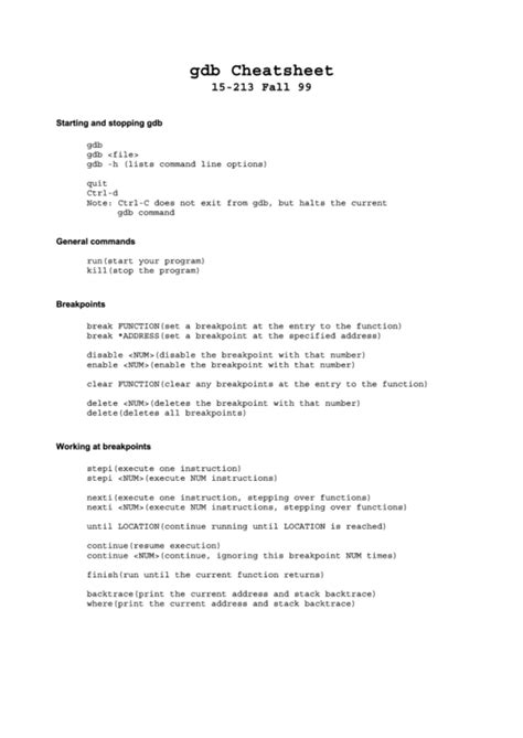 gdb cheat sheet printable pdf download