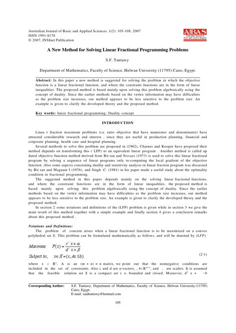 pdf a new method for solving linear fractional programming problems