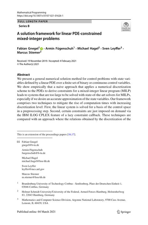 pdf a solution framework for linear pde constrained mixed integer problems