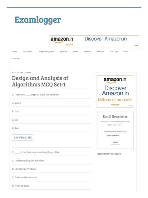 design and analysis of algorithms mcq set 1 examlogger pdf division mathematics