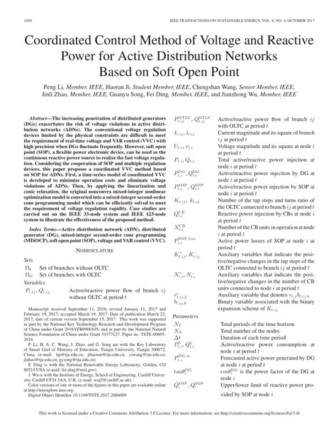 pdf coordinated control method of voltage and reactive power for active distribution networks