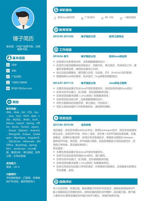 it技术行业 后端开发简历 java工程师最新简历模板 简历设计网在线制作