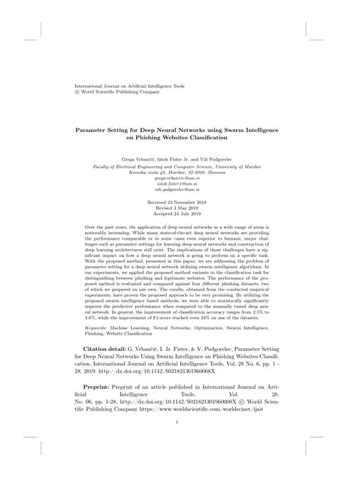 pdf parameter setting for deep neural networks using swarm intelligence on phishing websites