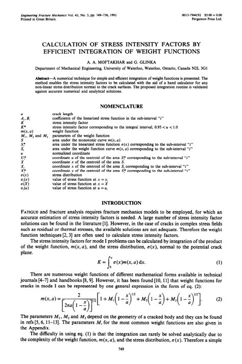 pdf calculation of stress intensity factors by efficient integration of weight functions