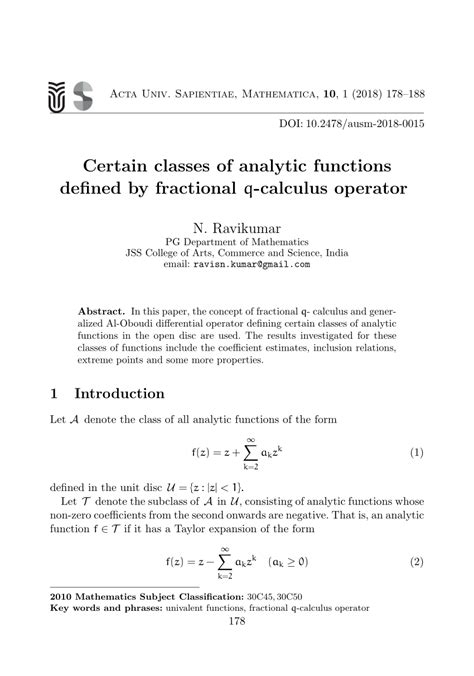 pdf certain classes of analytic functions defined by fractional q calculus operator