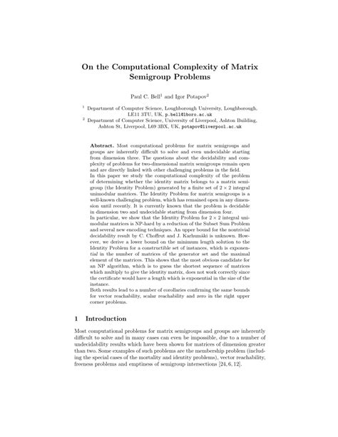 pdf on the computational complexity of matrix semigroup problems