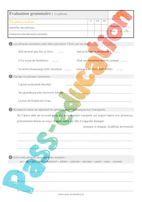 La phrase au CE2 Evaluation et bilan avec le corrigé PDF à imprimer