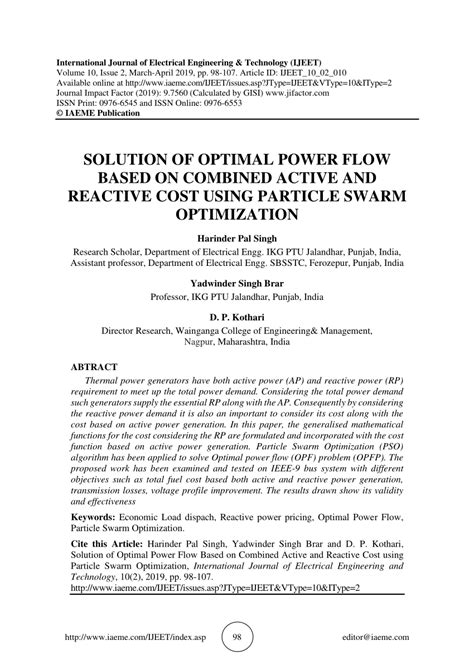 pdf solution of optimal power flow based on combined active and reactive cost using particle
