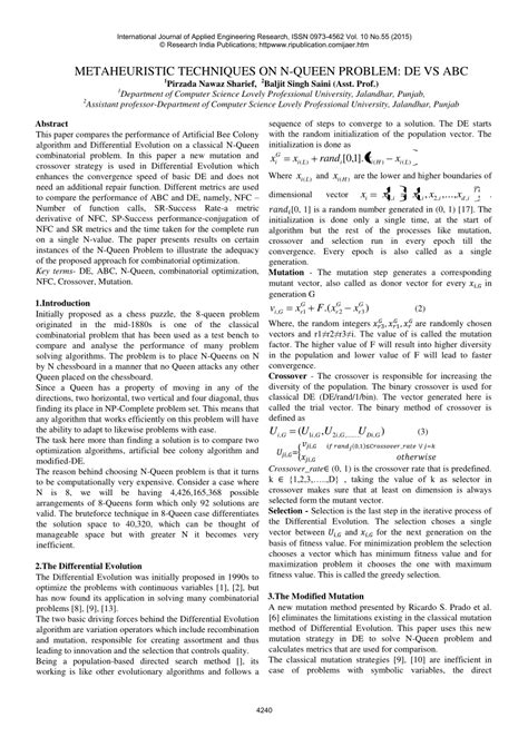 pdf metaheuristic techniques on n queen problem de vs abc