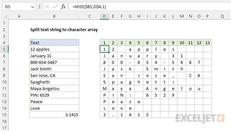 split text string to character array excel formula exceljet