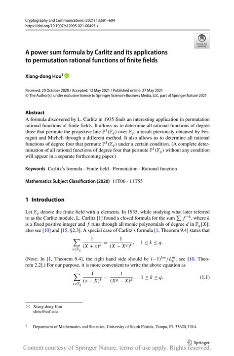 a power sum formula by carlitz and its applications to permutation rational functions of finite