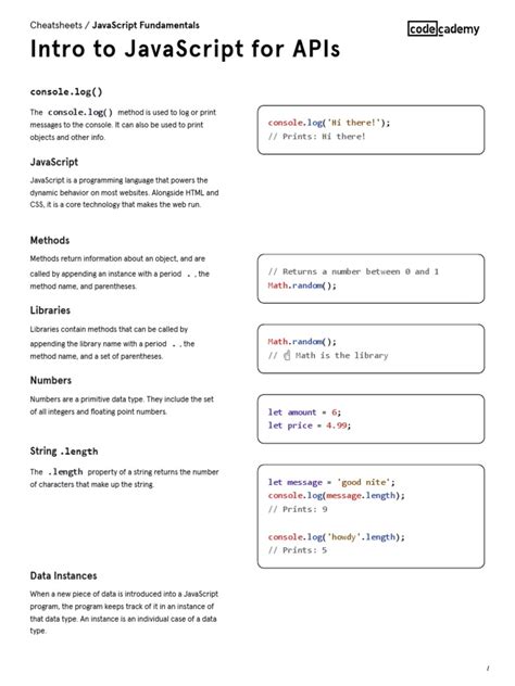 javascript fundamentals intro to javascript for apis cheatsheet codecademy pdf java