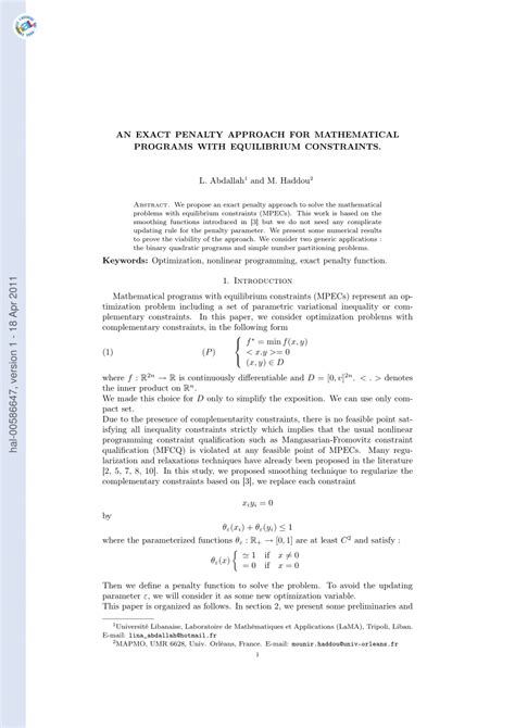pdf an exact penalty approach for mathematical programs with equilibrium constraints